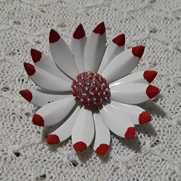 Jewelry | Vintage Red White Painted Huge Flower Brooch Pin | Poshmark